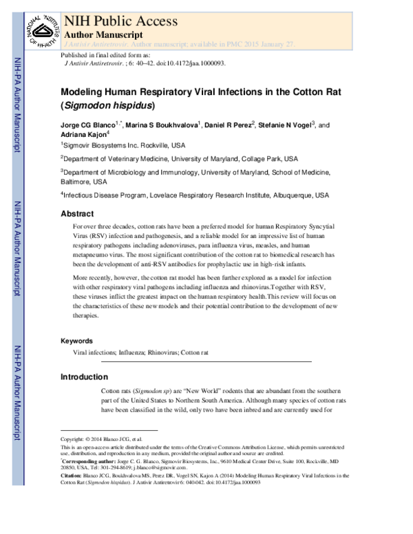 (PDF) Modeling Human Respiratory Viral Infections in the Cotton Rat ...