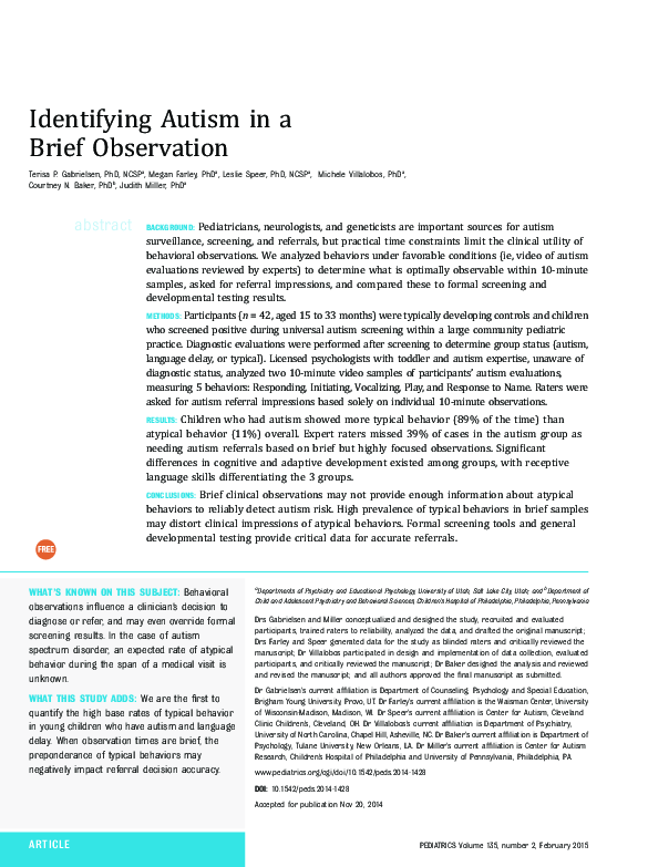(PDF) Identifying Autism in a Brief Observation