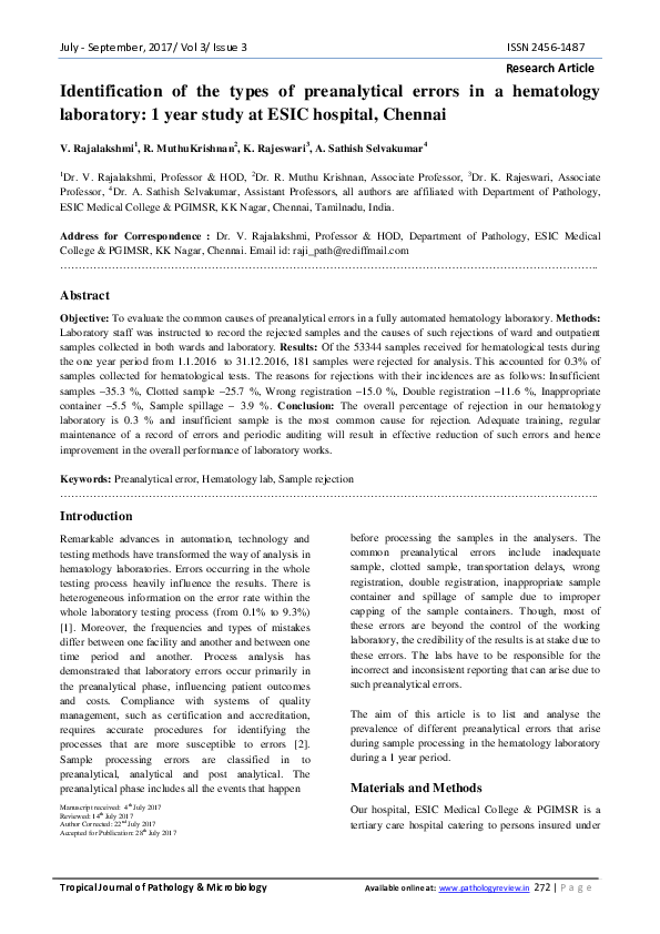 (PDF) Identification of the types of preanalytical errors in a hematology laboratory: 1 year ...