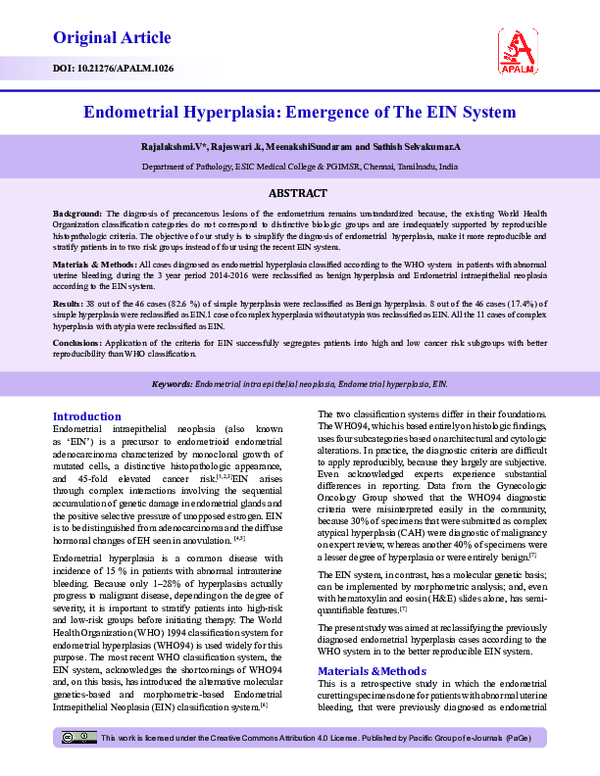 (PDF) Endometrial hyperplasia: Emergence of the EIN system