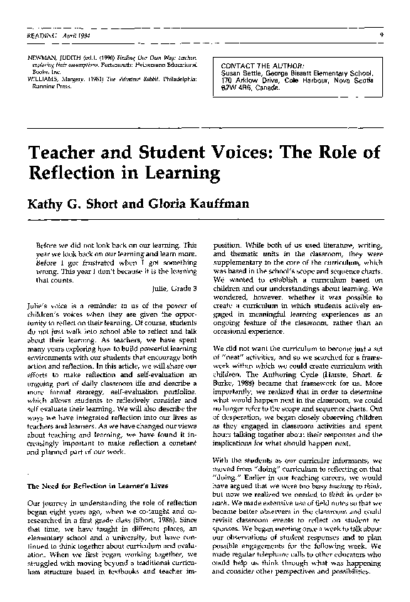 (PDF) Teacher and Student Voices: The Role of Reflection in Learning