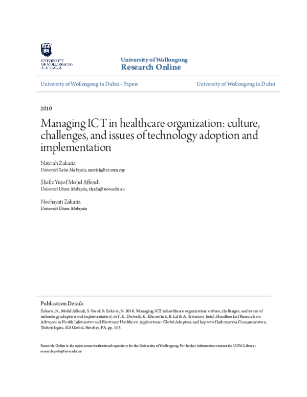 (PDF) Managing ICT in Healthcare Organization: Culture, Challenges, and ...