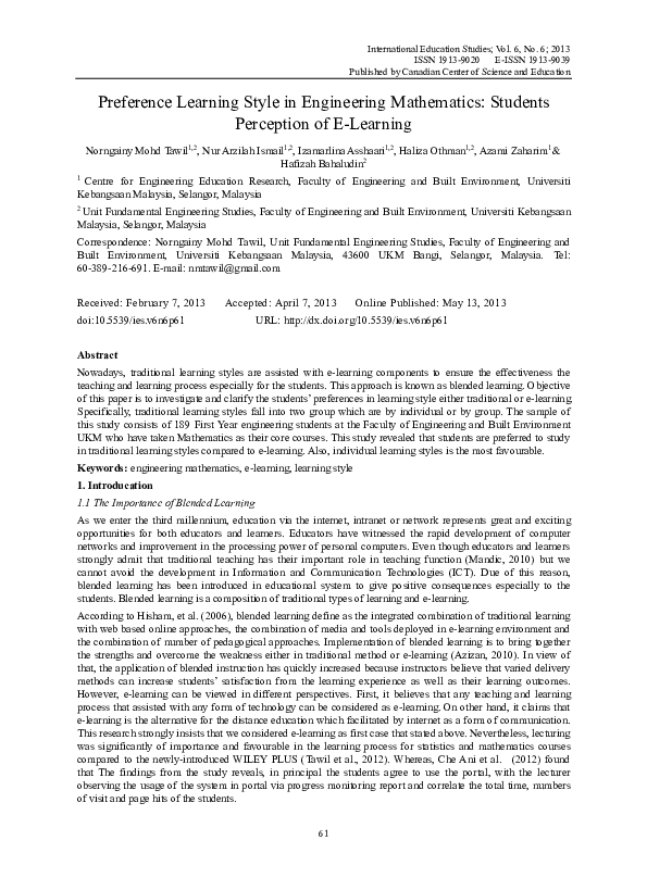 (PDF) Preference Learning Style in Engineering Mathematics: Students Perception of E-Learning