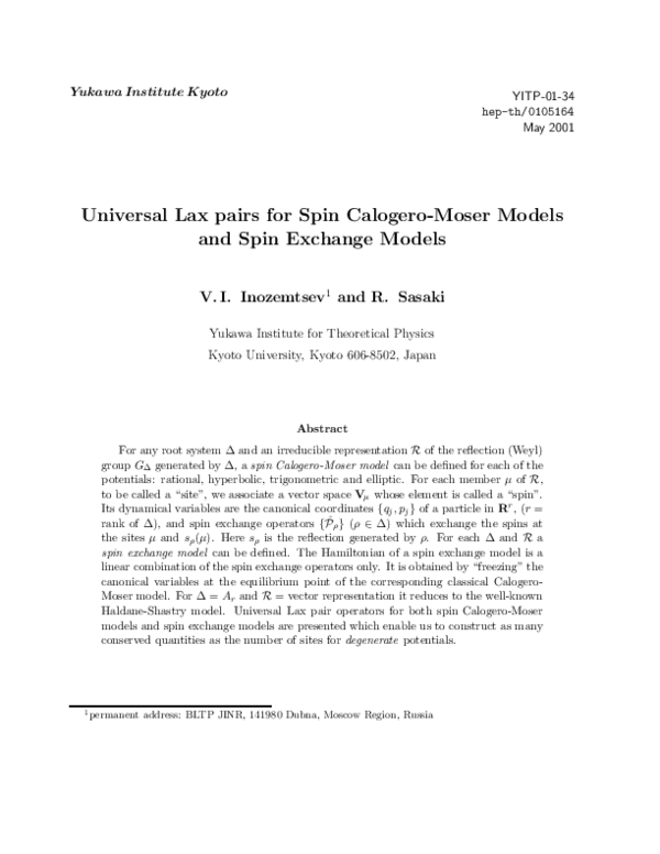 (PDF) Universal Lax pairs for spin Calogero–Moser models and spin ...