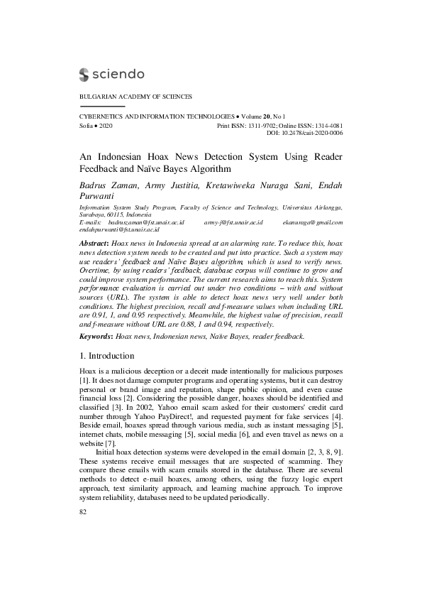 (PDF) An Indonesian Hoax News Detection System Using Reader Feedback and Naïve Bayes Algorithm