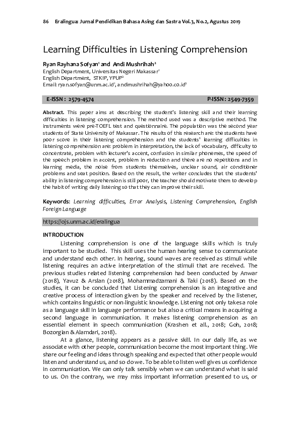 (PDF) Learning Difficulties in Listening Comprehension