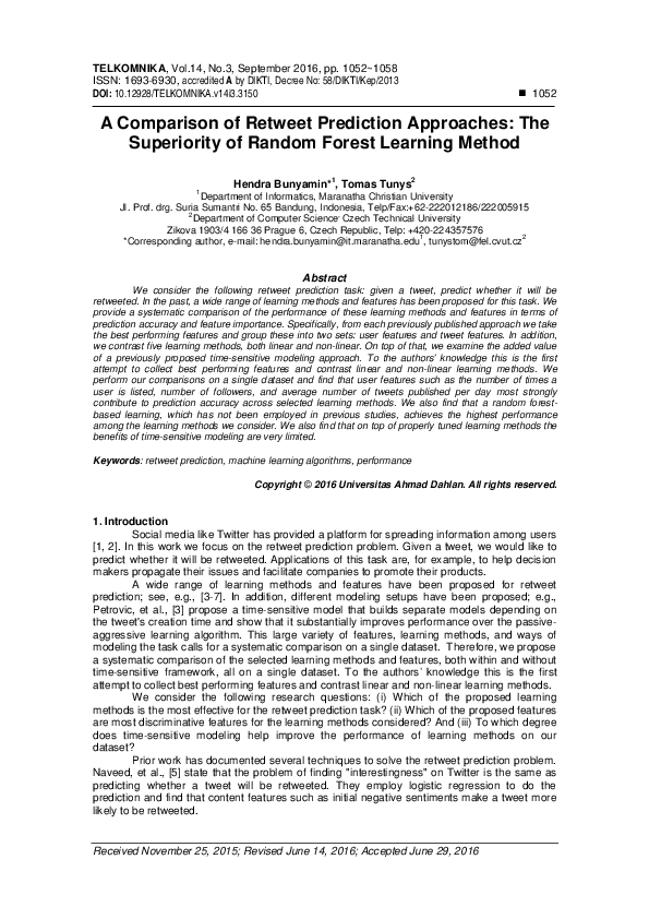 Pdf A Comparison Of Retweet Prediction Approaches The Superiority Of Random Forest Learning