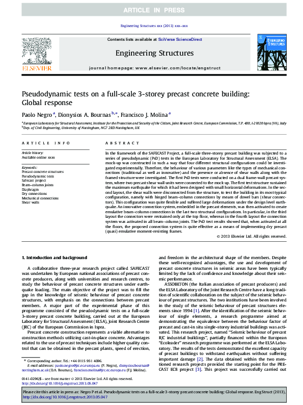 Pdf Pseudodynamic Tests On A Full Scale 3 Storey Precast Concrete Building Behavior Of The
