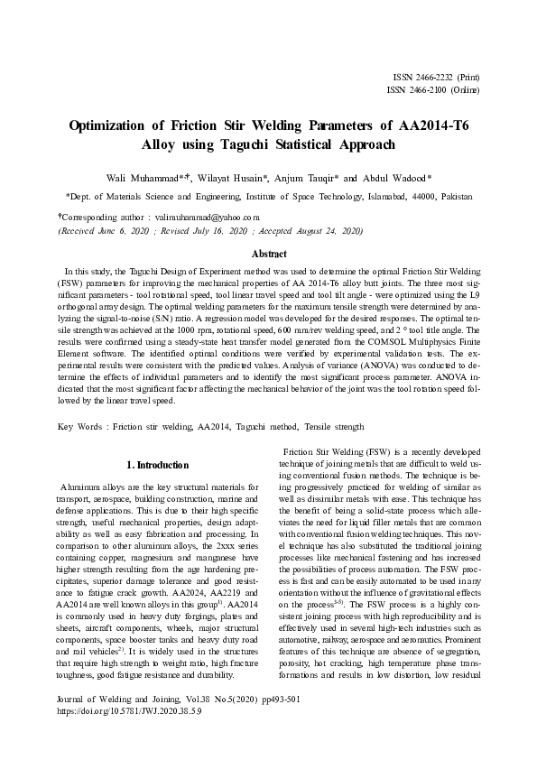 (PDF) Optimization of Friction Stir Welding Parameters of AA2014-T6 Alloy using Taguchi ...