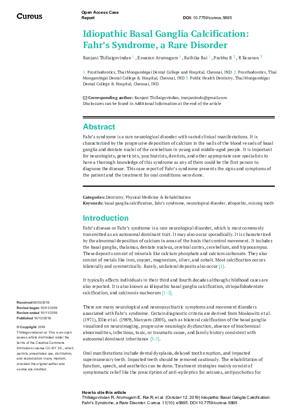 (PDF) Idiopathic Basal Ganglia Calcification: Fahr’s Syndrome, a Rare ... (PDF) Idiopathic Basal Ganglia Calcification: Fahr’s Syndrome, a Rare ...