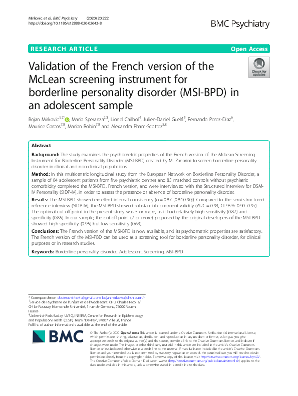 (PDF) Validation of the French version of the McLean screening ...