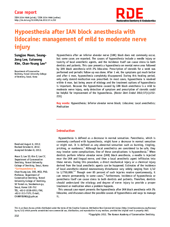 (PDF) Hypoesthesia after IAN block anesthesia with lidocaine ...