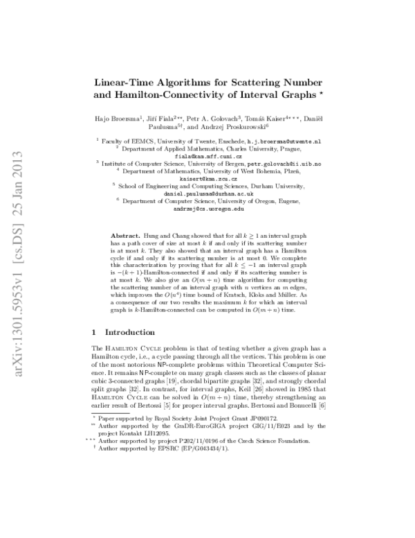 (PDF) Linear-Time Algorithms for Scattering Number and Hamilton-Connectivity of Interval Graphs