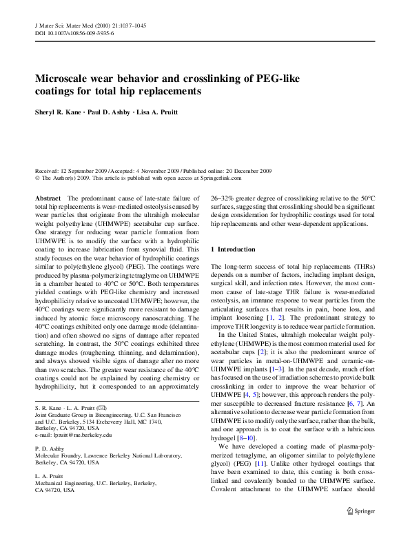 (PDF) Microscale wear behavior and crosslinking of PEG-like coatings ...