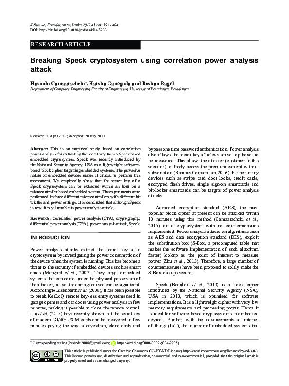 (PDF) Breaking Speck cryptosystem using correlation power analysis attack