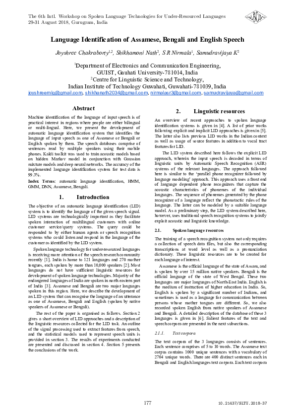 (PDF) Automatic Language ID for Assamese, Bengali, English