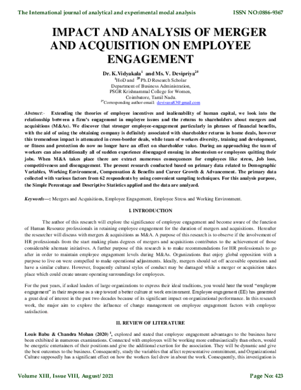 (PDF) IMPACT AND ANALYSIS OF MERGER AND ACQUISITION ON EMPLOYEE ENGAGEMENT