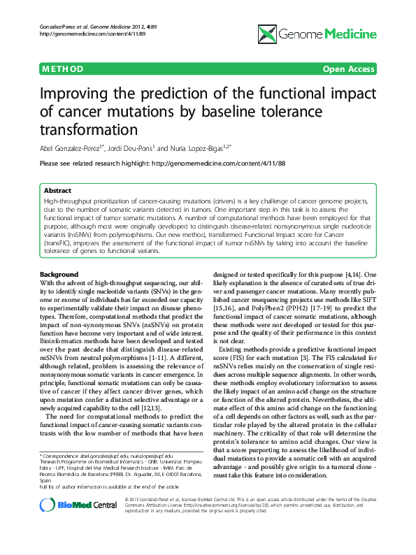 (PDF) Improving the prediction of the functional impact of cancer mutations by baseline ...