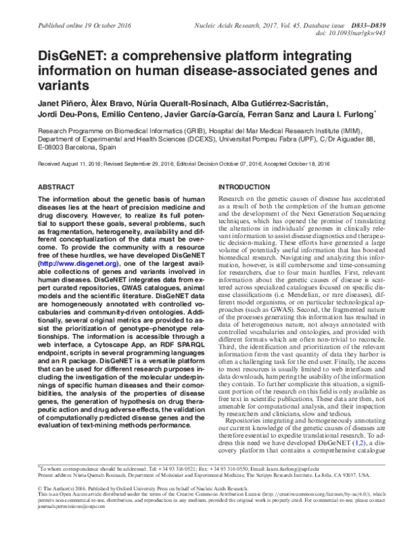 (PDF) DisGeNET: a comprehensive platform integrating information on ...
