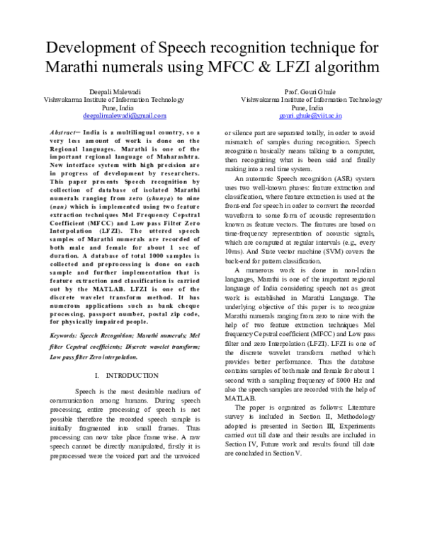 Pdf Development Of Speech Recognition Technique For Marathi Numerals Using Mfcc And Lfzi Algorithm