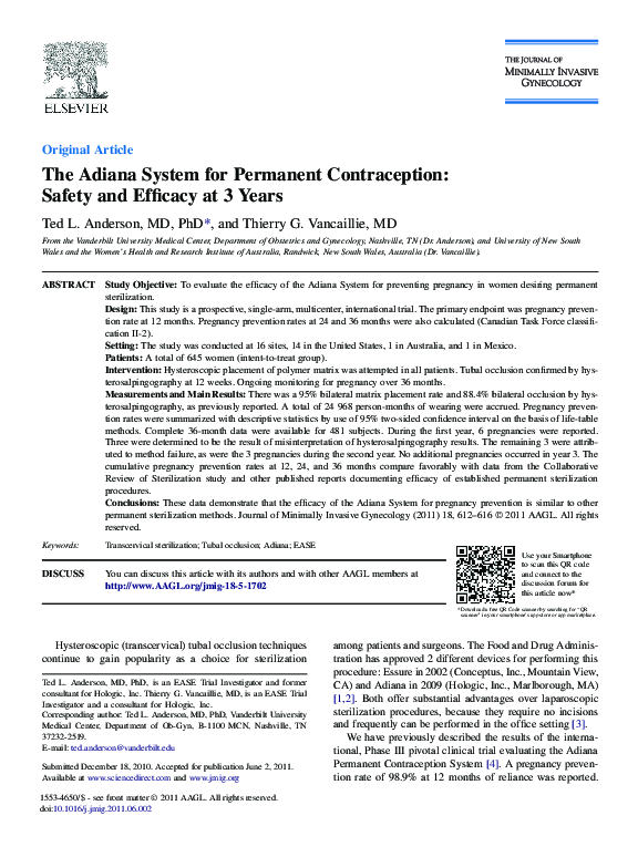 (PDF) The Adiana System for Permanent Contraception: Safety and ...