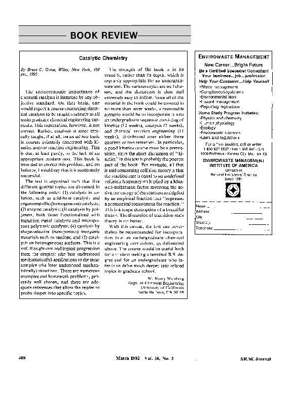 (PDF) Catalytic chemistry. By Bruce C. Gates, Wiley, New York, 458 pp ...