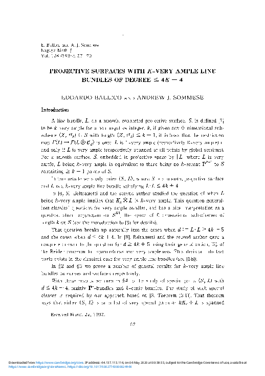 (PDF) Projective surfaces with $ k $-very ample line bundles of degree ...