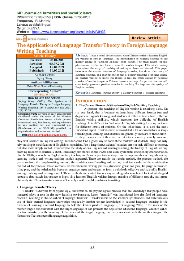 (PDF) The Application of Language Transfer Theory in Foreign Language ...