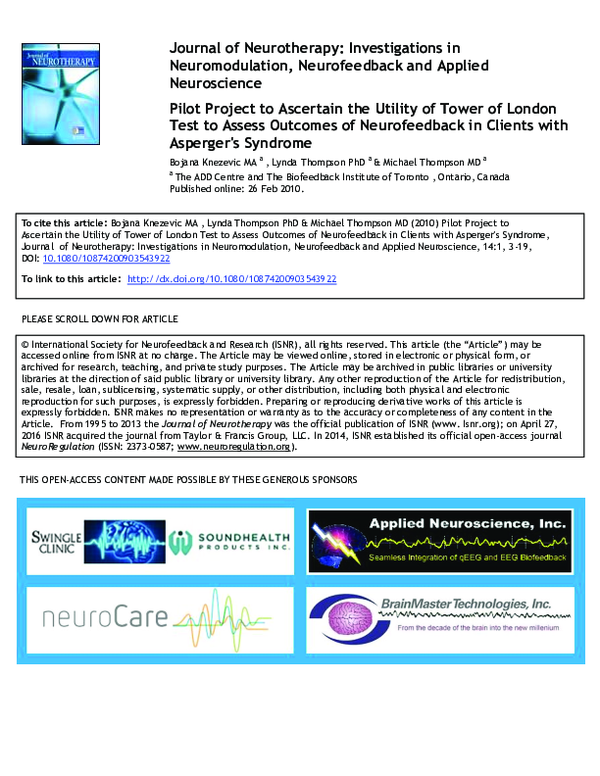 (PDF) Pilot Project to Ascertain the Utility of Tower of London Test to ...