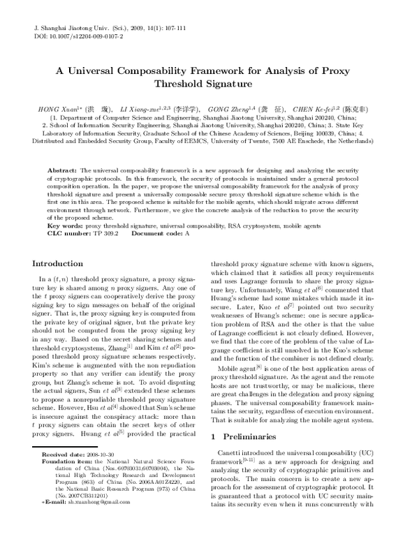 (PDF) A universal composability framework for analysis of proxy threshold signature
