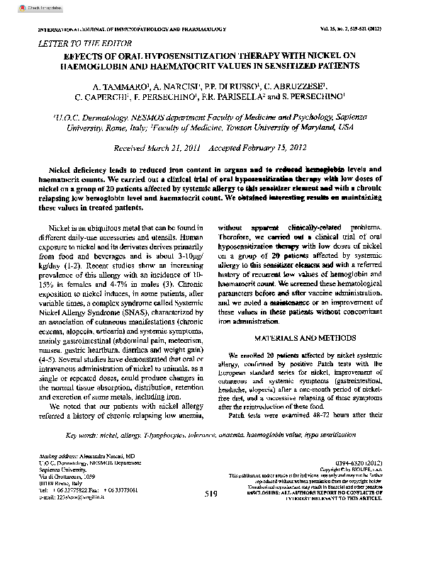 (PDF) Nickel Therapy Effects on Hemoglobin in Allergies