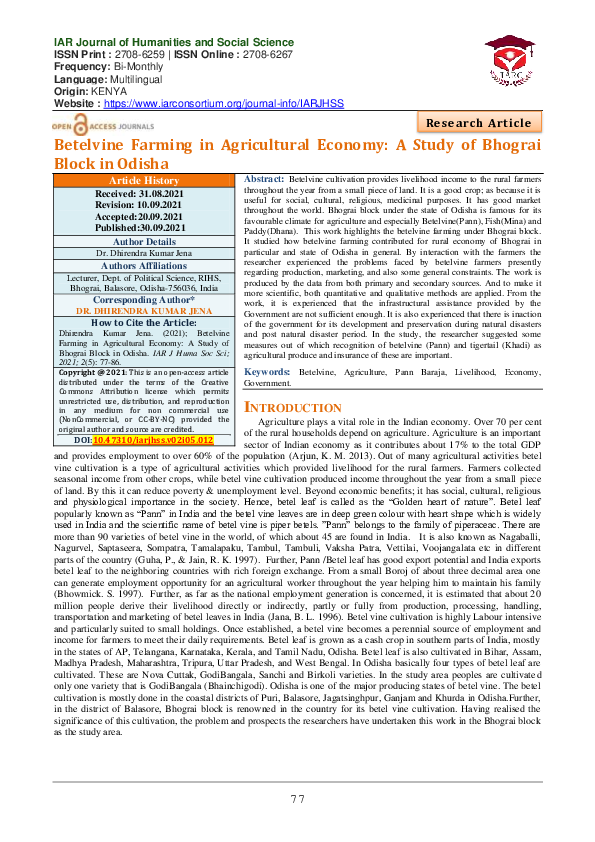 (PDF) Betelvine Farming in Agricultural Economy: A Study of Bhograi ...