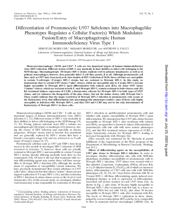 (PDF) Differentiation of U937 Clones Affects HIV Entry