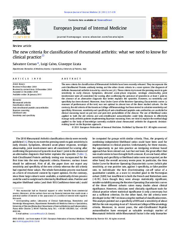 (PDF) The new criteria for classification of rheumatoid arthritis: what ...