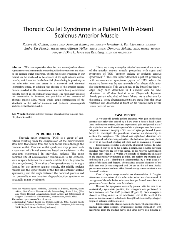 (PDF) Thoracic Outlet Syndrome in a Patient With Absent Scalenus ...