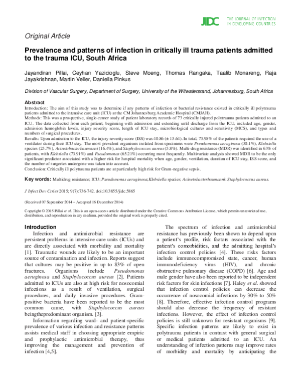 (PDF) Prevalence and patterns of infection in critically ill trauma ...