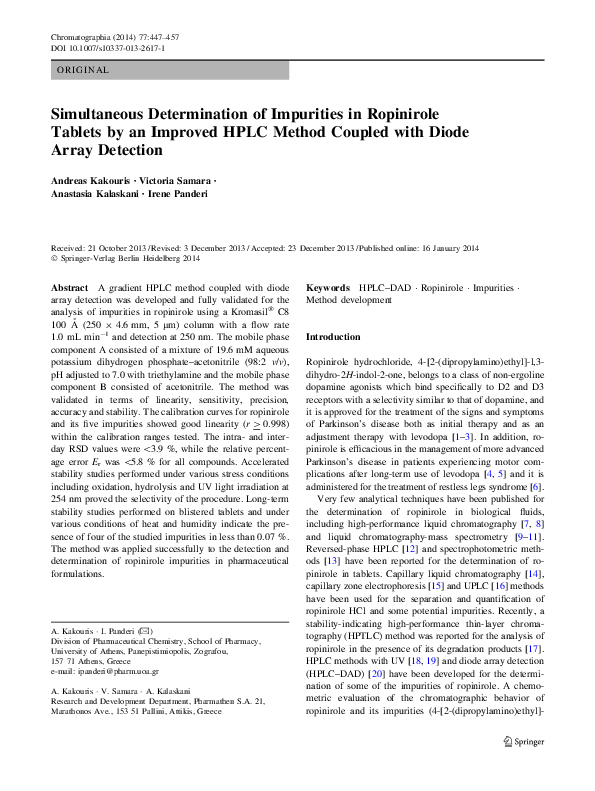 (PDF) Simultaneous Determination of Impurities in Ropinirole Tablets by an Improved HPLC Method ...