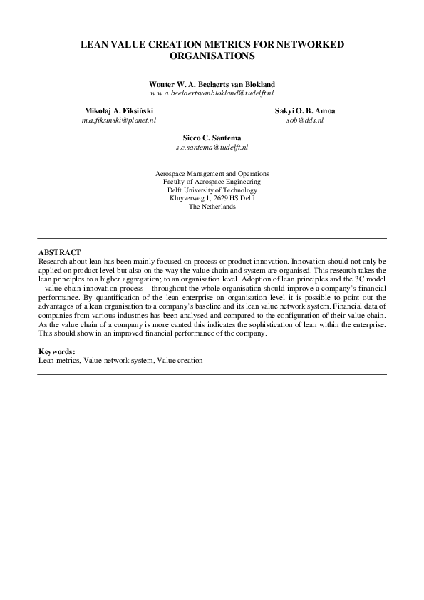 (PDF) Lean Value Creation Metrics for Networked Organisations
