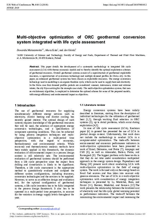 Pdf Multi Objective Optimization Of Orc Geothermal Conversion System Integrated With Life