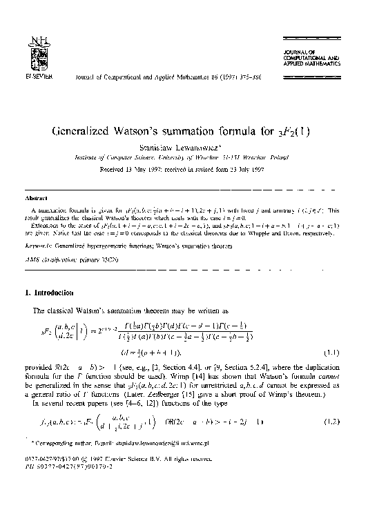 (PDF) Generalized Watson's summation formula for 3F2(1)