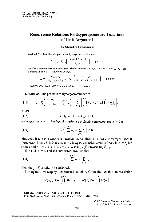Pdf Recurrence Relations For Hypergeometric Functions Of Unit Argument
