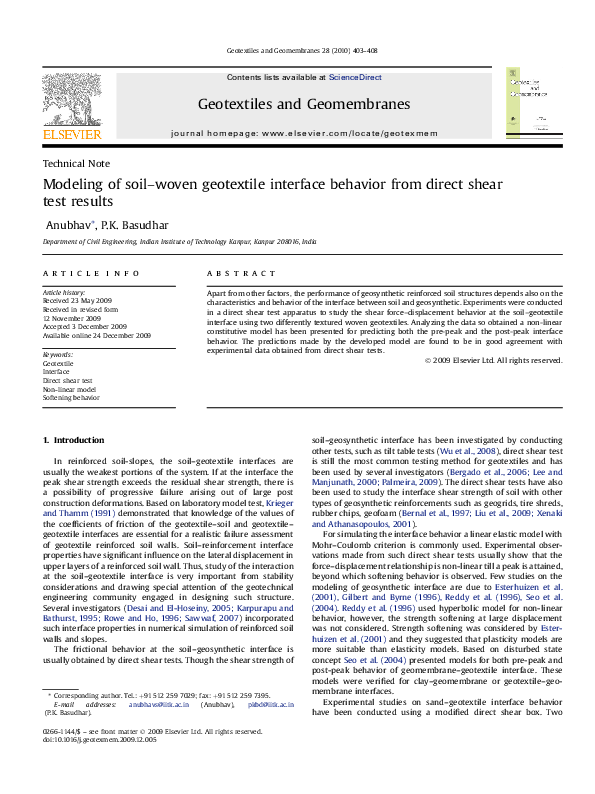 (PDF) Modeling of soil–woven geotextile interface behavior from direct ...
