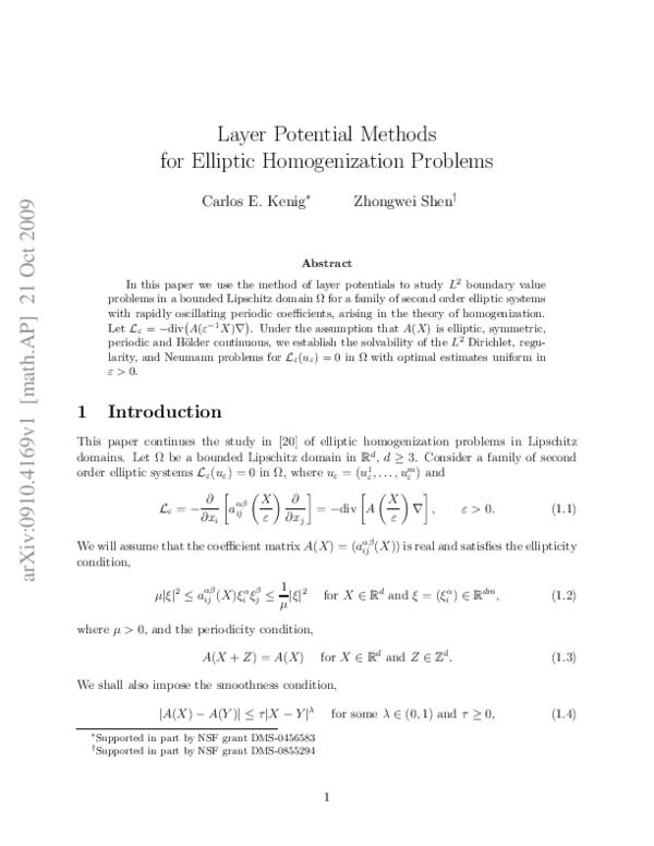 (PDF) Layer Potential Methods for Elliptic Homogenization Problems | Zhongwei Shen - Academia.edu