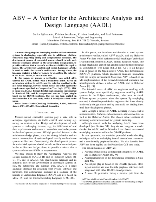 (PDF) ABV - A Verifier for the Architecture Analysis and Design Language (AADL)