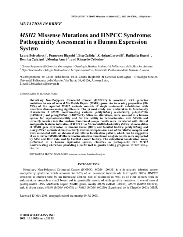 (PDF) MSH2 missense mutations and HNPCC syndrome: pathogenicity assessment in a human expression ...