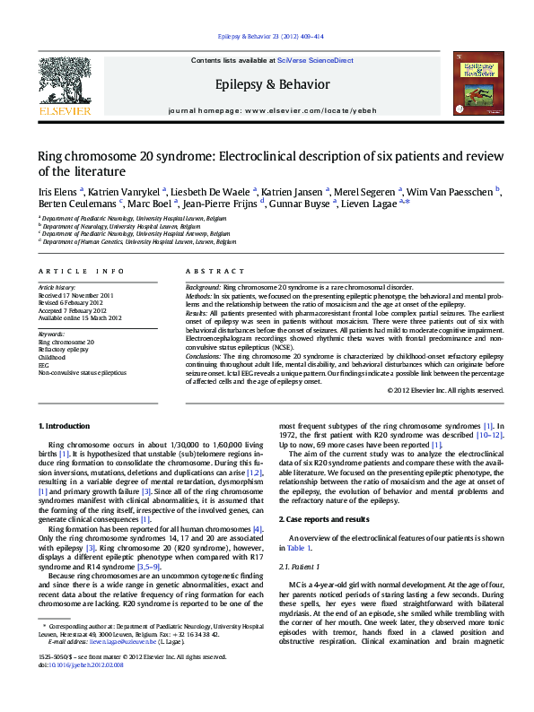 (PDF) Ring chromosome 20 syndrome: Electroclinical description of six ...