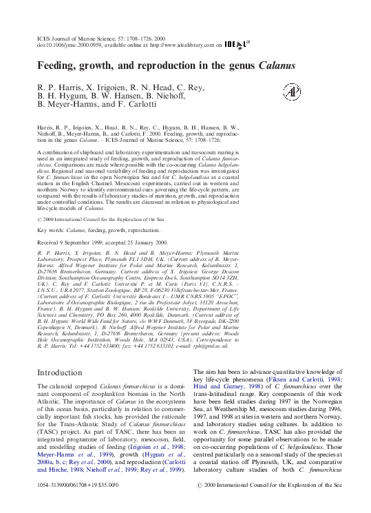 (PDF) Feeding, growth, and reproduction in the genus Calanus