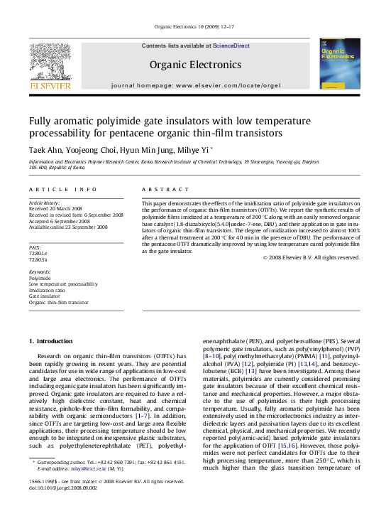 Fully aromatic polyimide gate insulators with low temperature ...