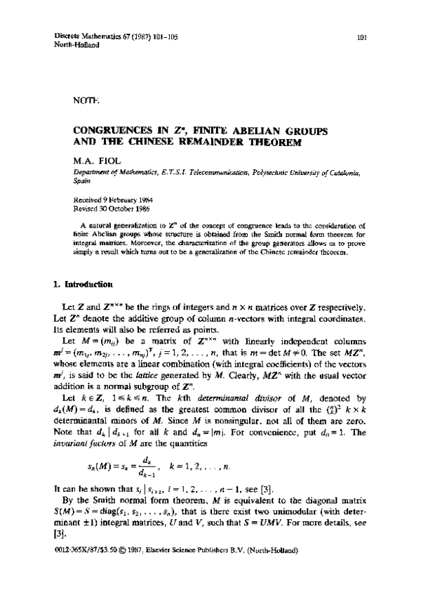 (PDF) Congruences in Zn, finite Abelian groups and the Chinese remainder theorem | Miguel Fiol ...