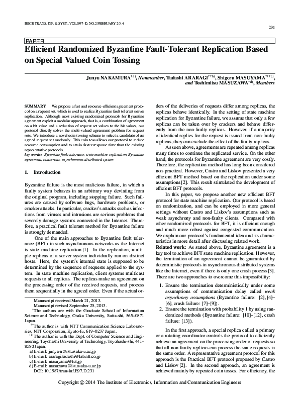 Pdf Efficient Randomized Byzantine Fault Tolerant Replication Based On Special Valued Coin Tossing